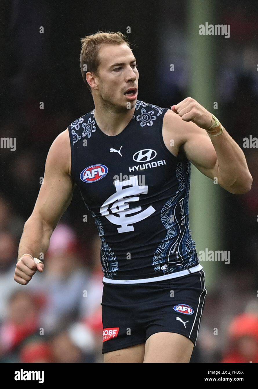 Harry McKay of the Blues celebrates kicking a goal during the Round 11 ...