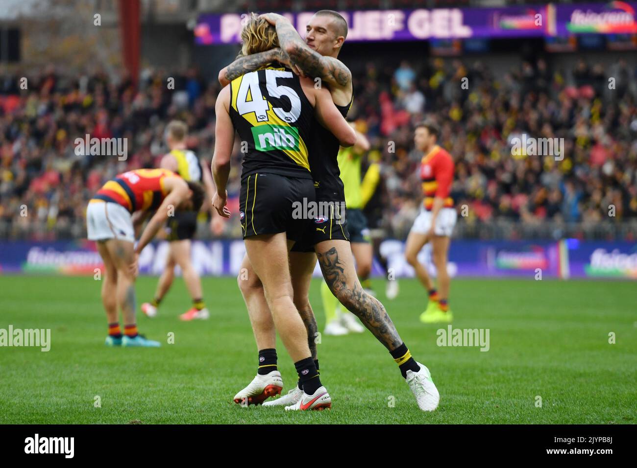 Hugo Ralphsmith of the Tigers celebrates a goal with Dustin Martin of ...