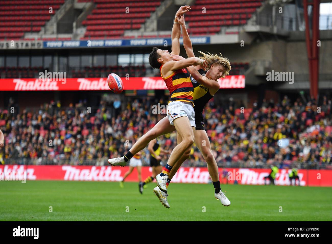 Hugo Ralphsmith of the Tigers and Jake Kelly of the Crows contest a ...