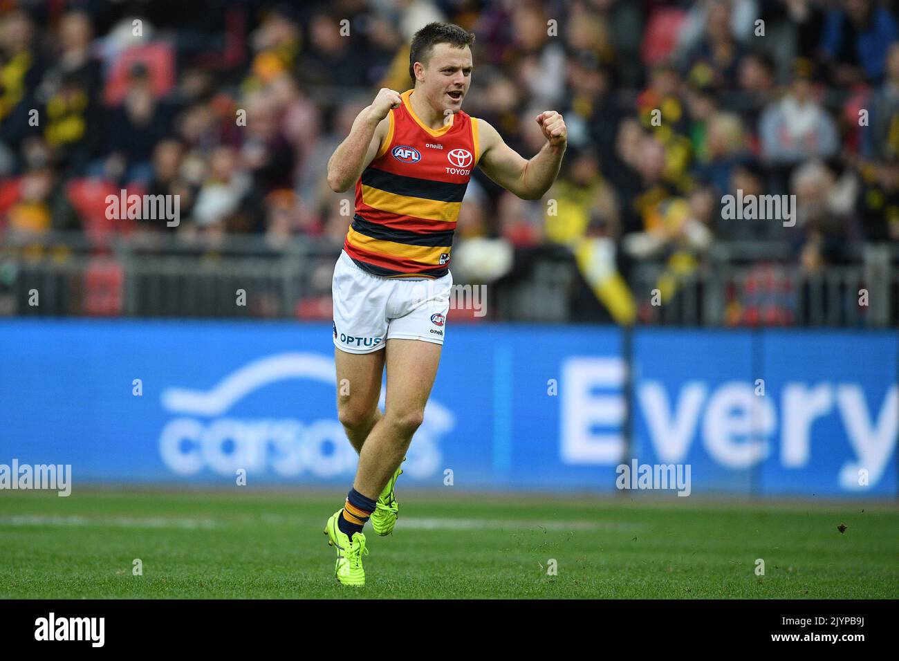 James Rowe of the Crows celebrates a goal during the Round 11 AFL match ...
