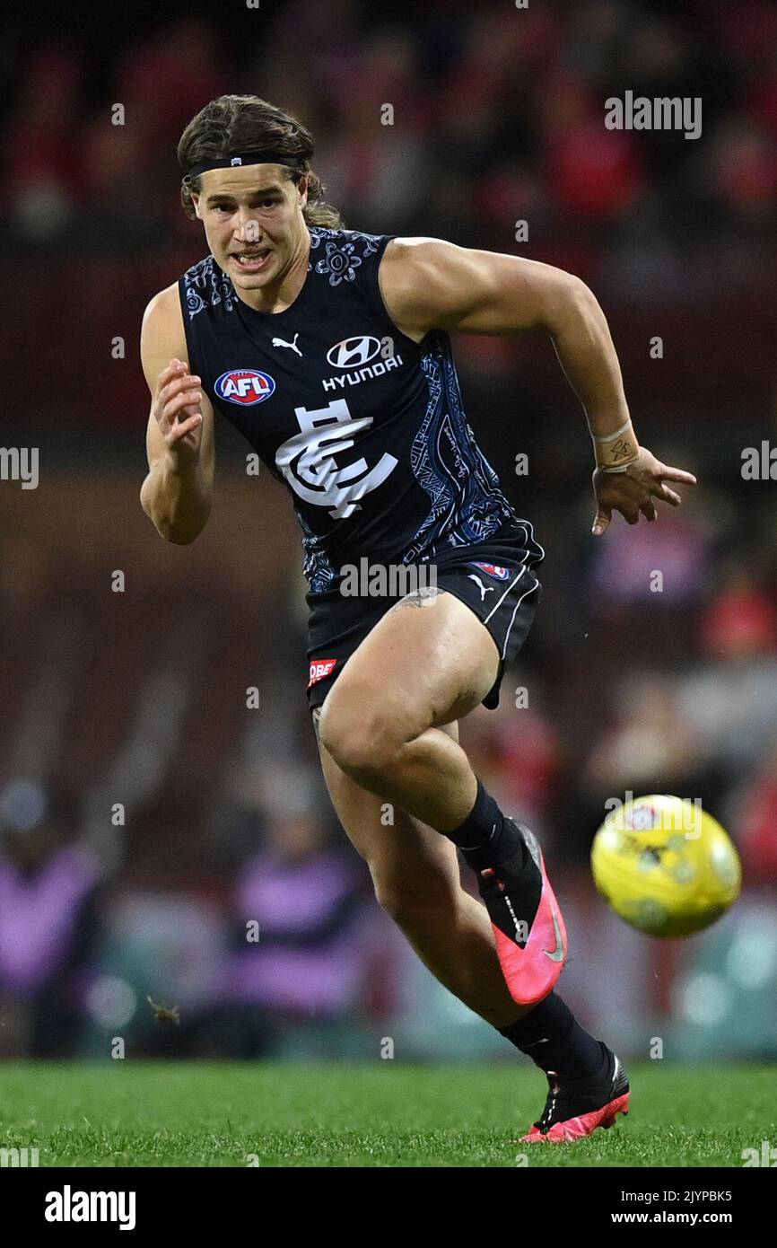 Liam Stocker of the Blues during the Round 11 AFL match between the ...