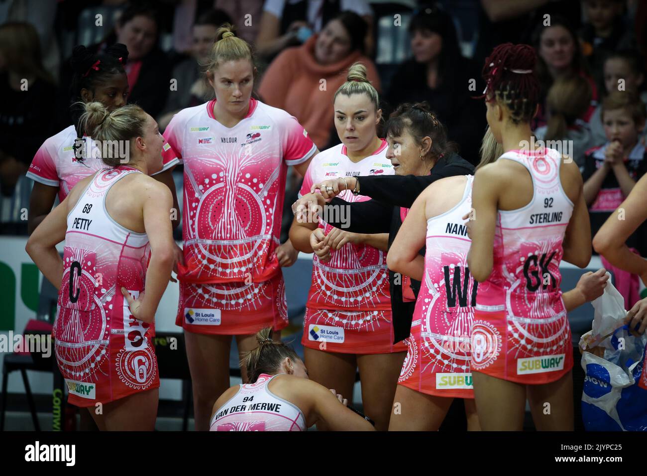 Thunderbirds assistant coach Cathy Fellows talks to the players during ...