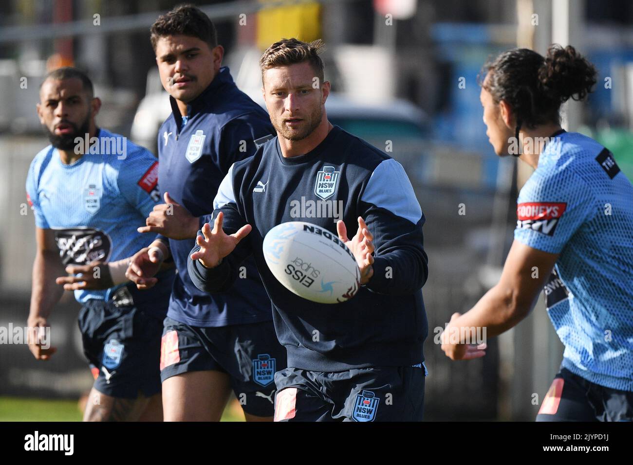 NSW Blues players (lt-rt) Josh Addo-Carr, Latrell Mitchell, Tariq Sims ...