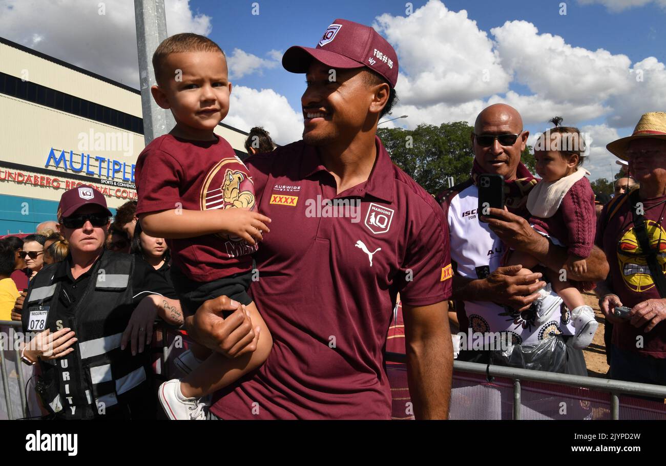 Felise Kaufusi is seen with his son Orlando age 2 during the Queensland ...