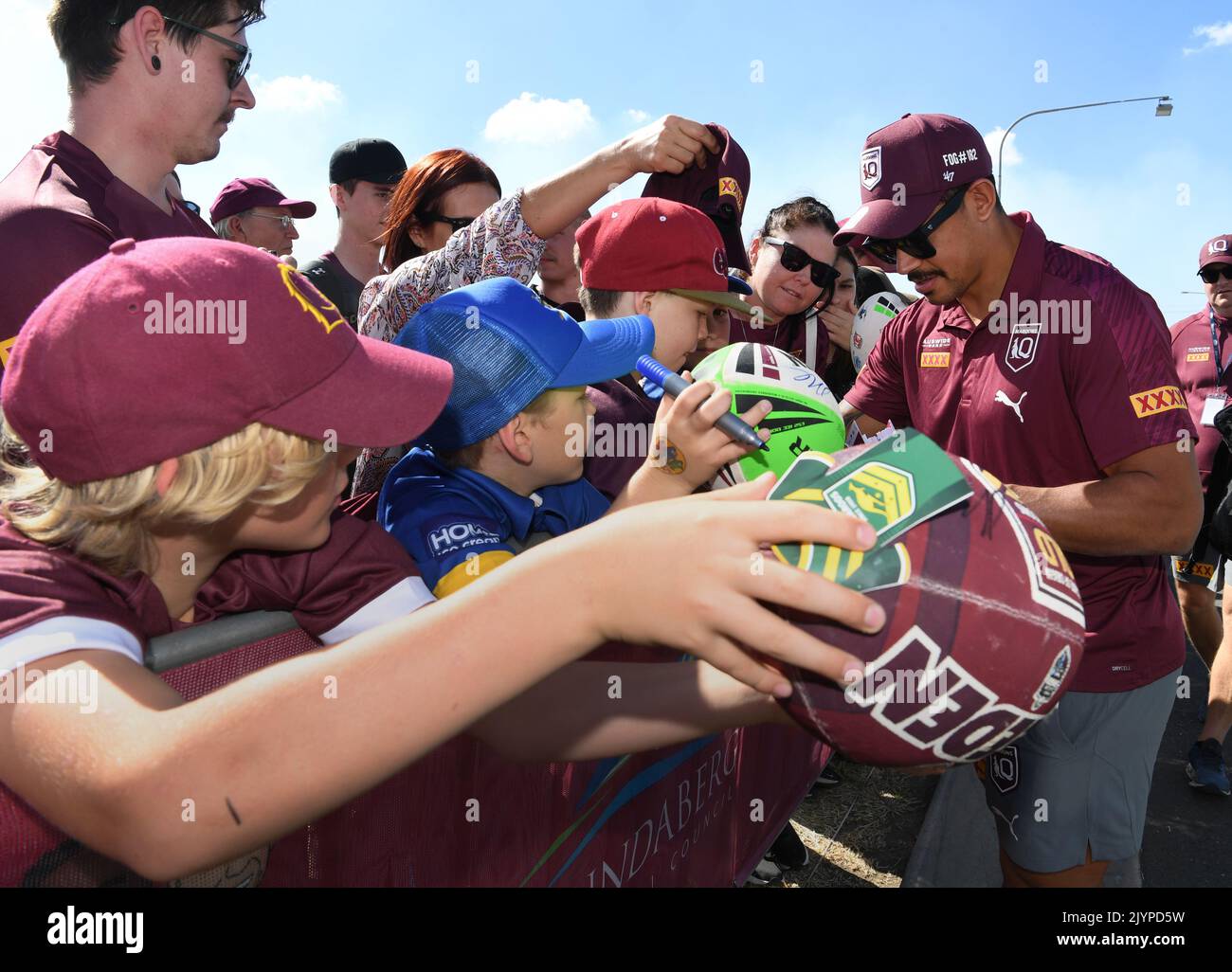 Dane Gagai (right) is seen with fans during the Queensland Maroons ...