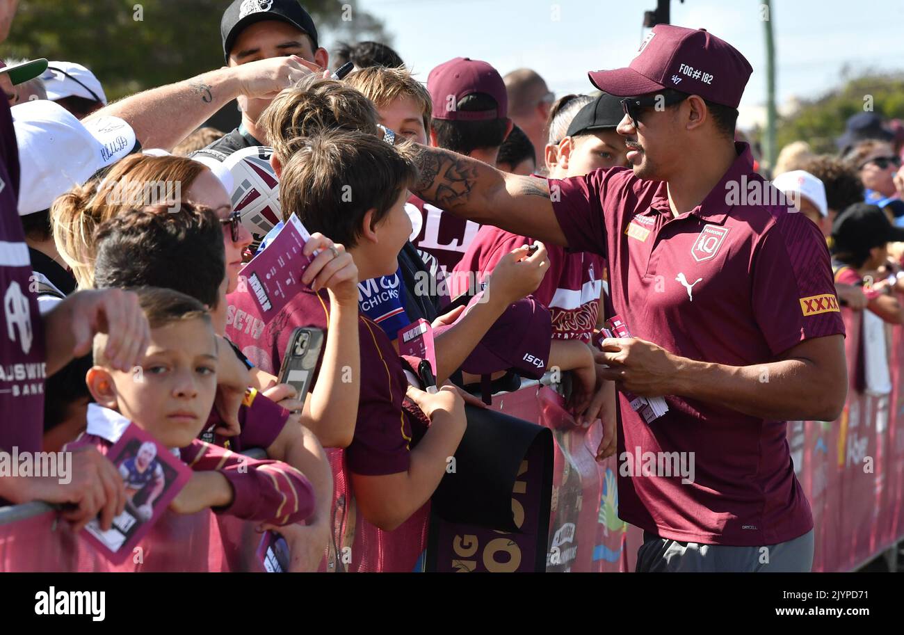 Dane Gagai (right) is seen with fans during the Queensland Maroons ...