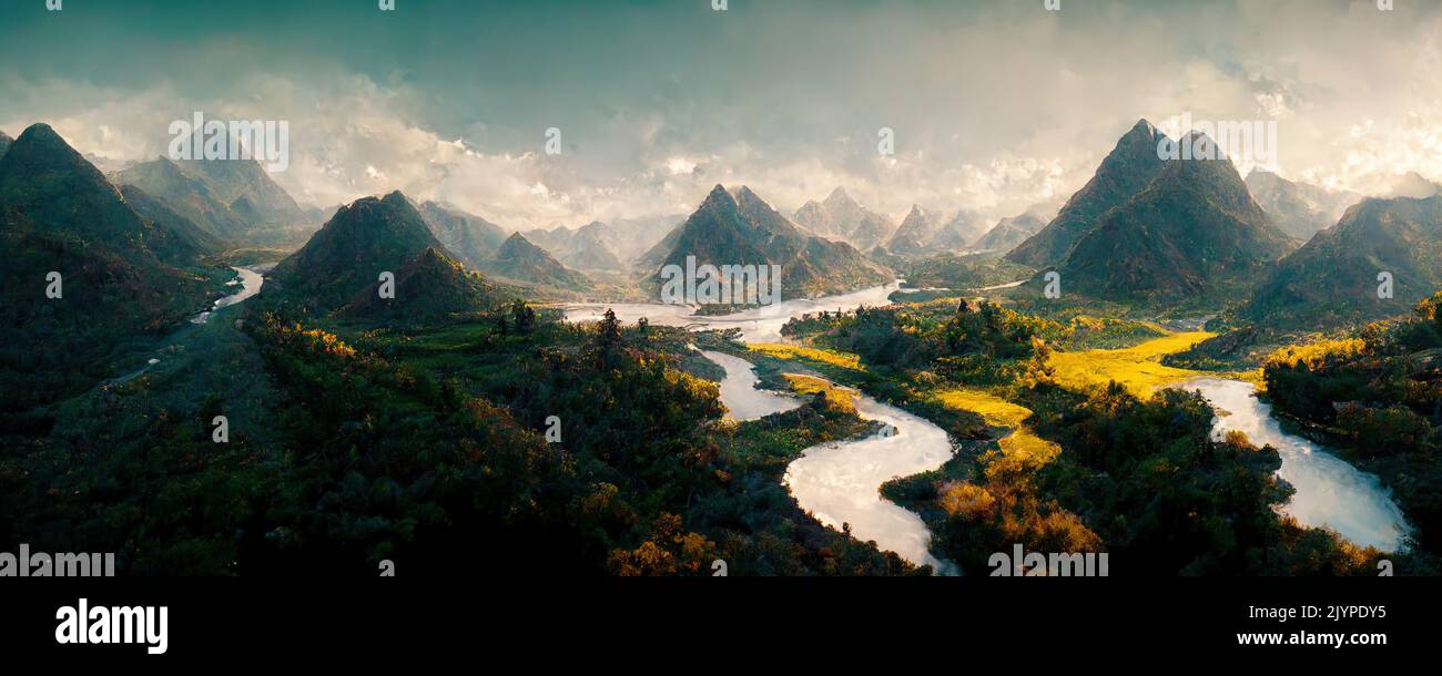 landscape of a fabulous valley with mountains and hills and rivers ...