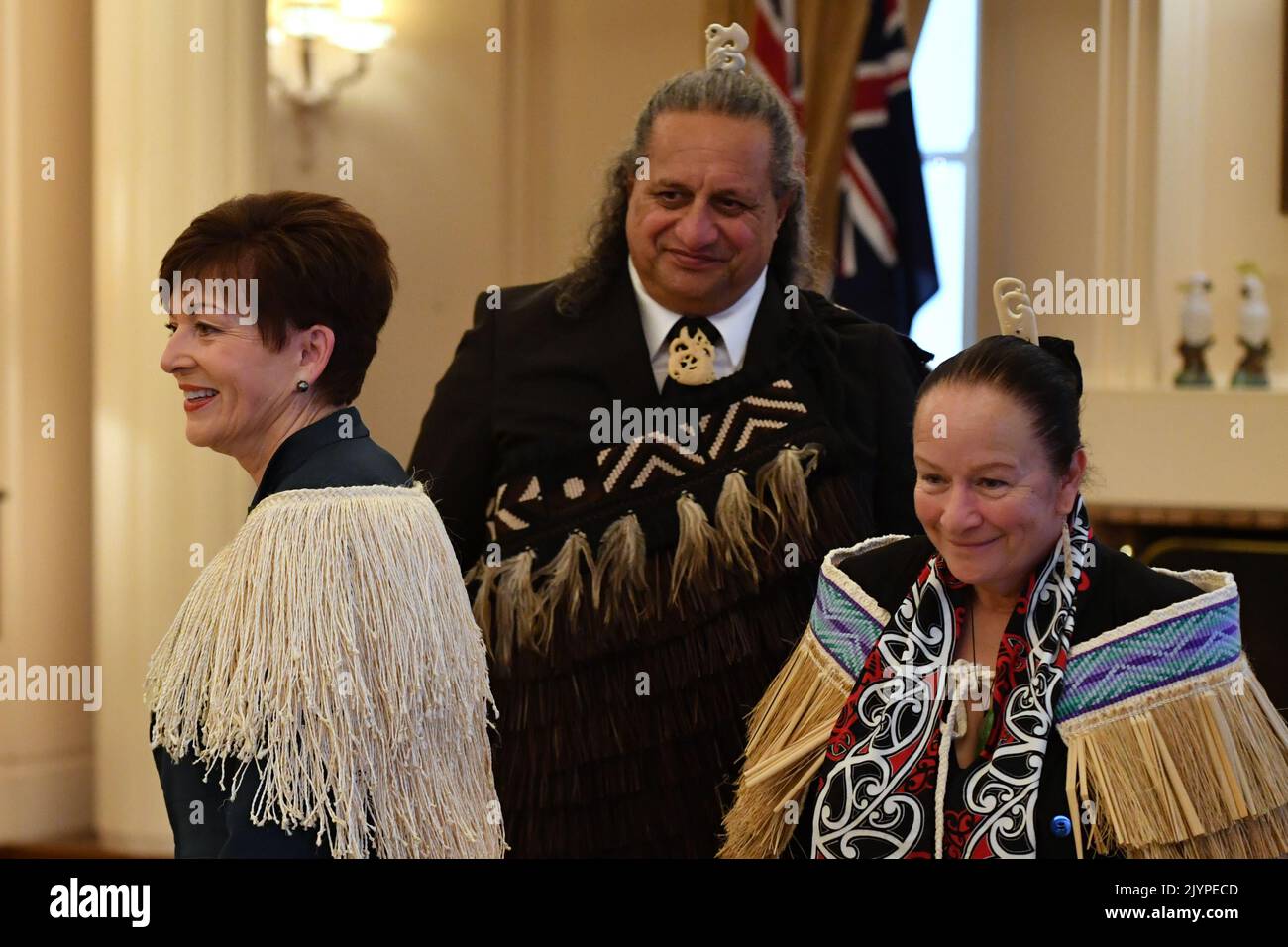 New Zealand Governor-general Dame Patsy Reddy (L) and two Maori elders ...