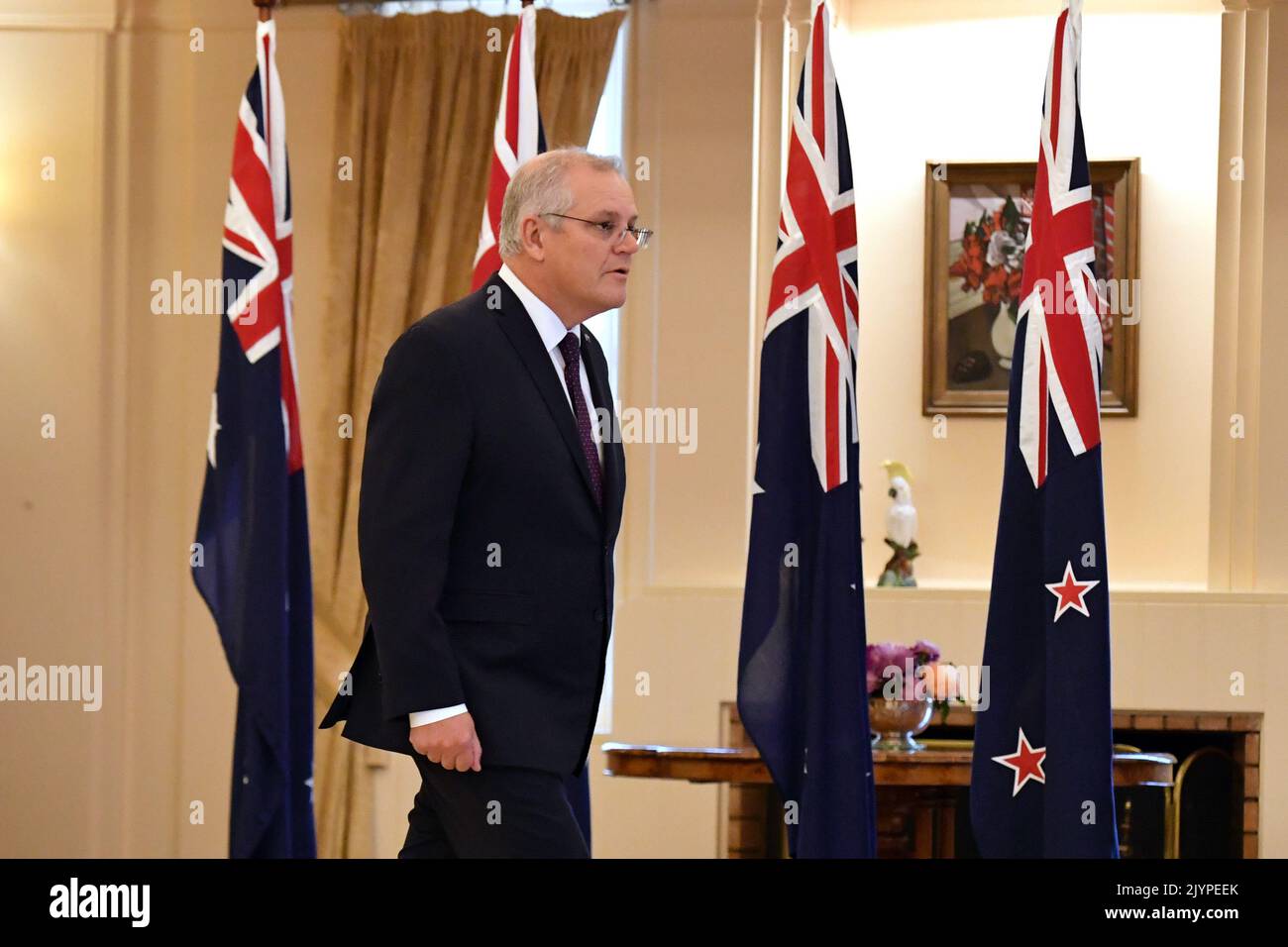 Australia’s Prime Minister Scott Morrison waits for New Zealand’s ...