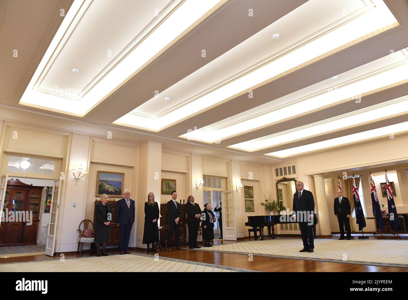 Australia’s Prime Minister Scott Morrison waits for New Zealand’s ...