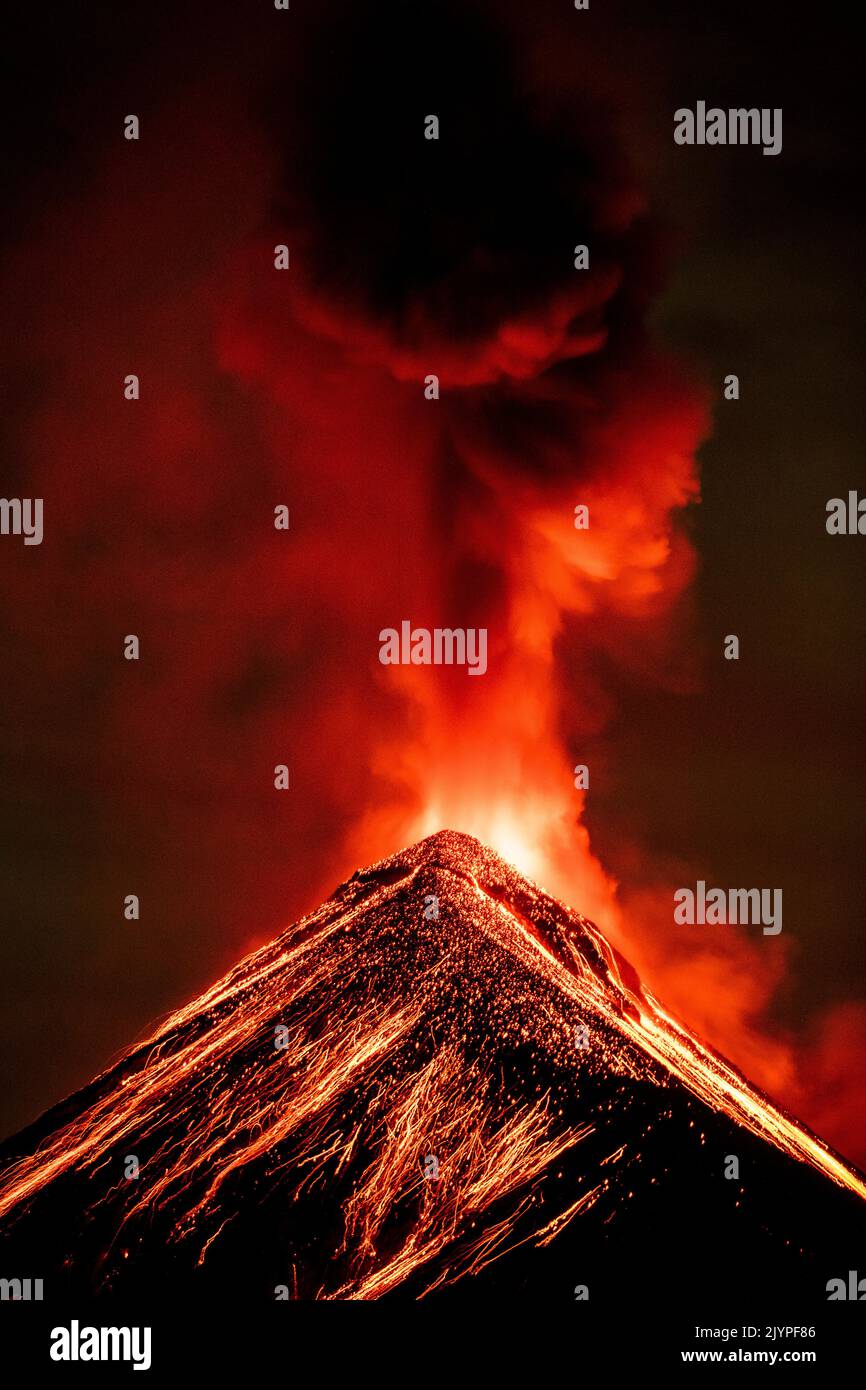 Volcán de Fuego (Volcano of fire) eruption at night, Sierra Madre de ...