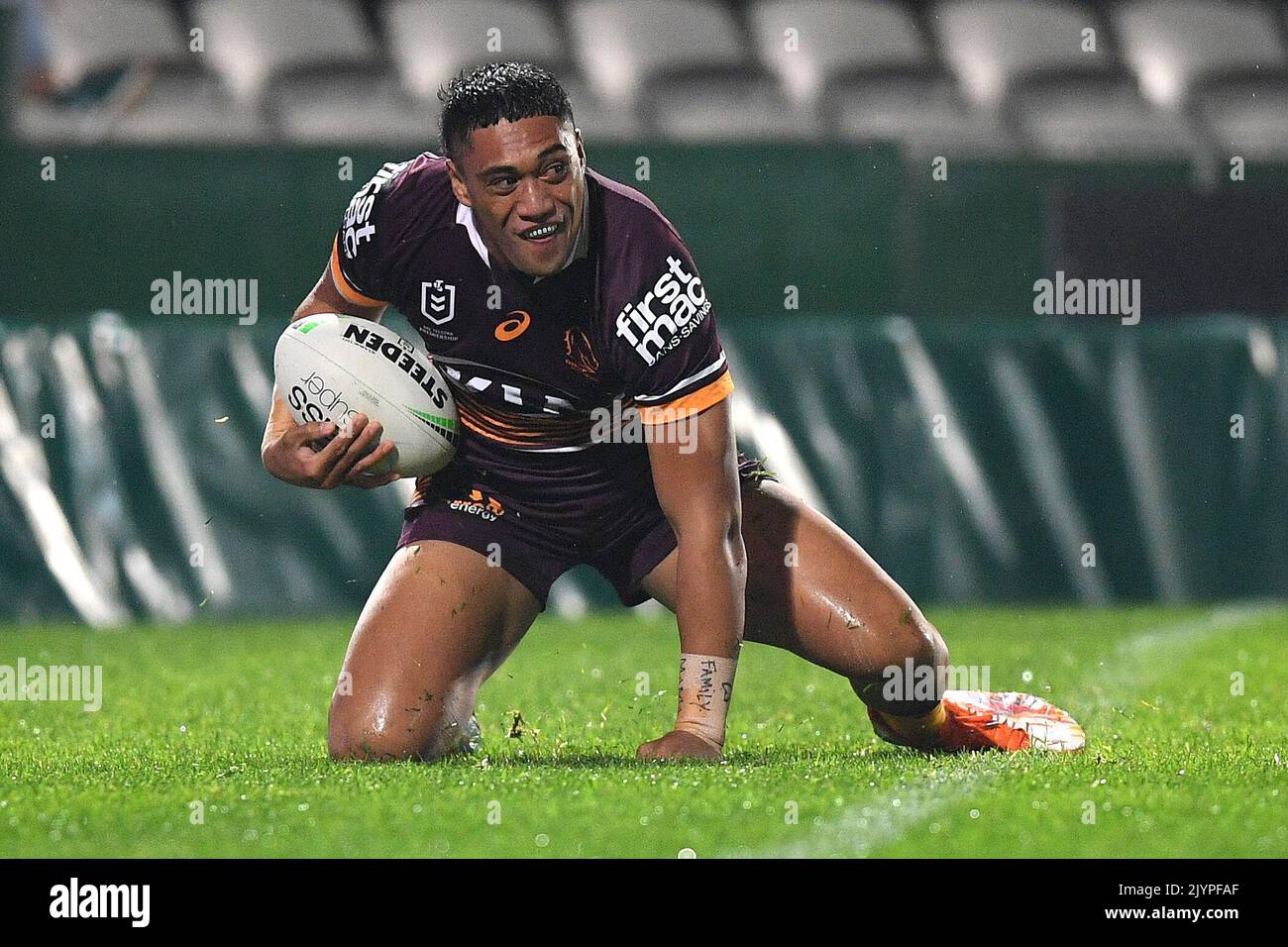 TC Robati of the Broncos scores a try during the Round 13 NRL match ...