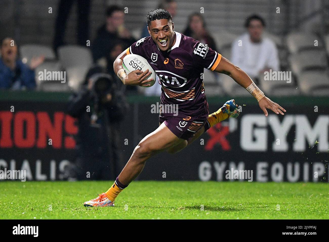 TC Robati of the Broncos scores a try during the Round 13 NRL match ...