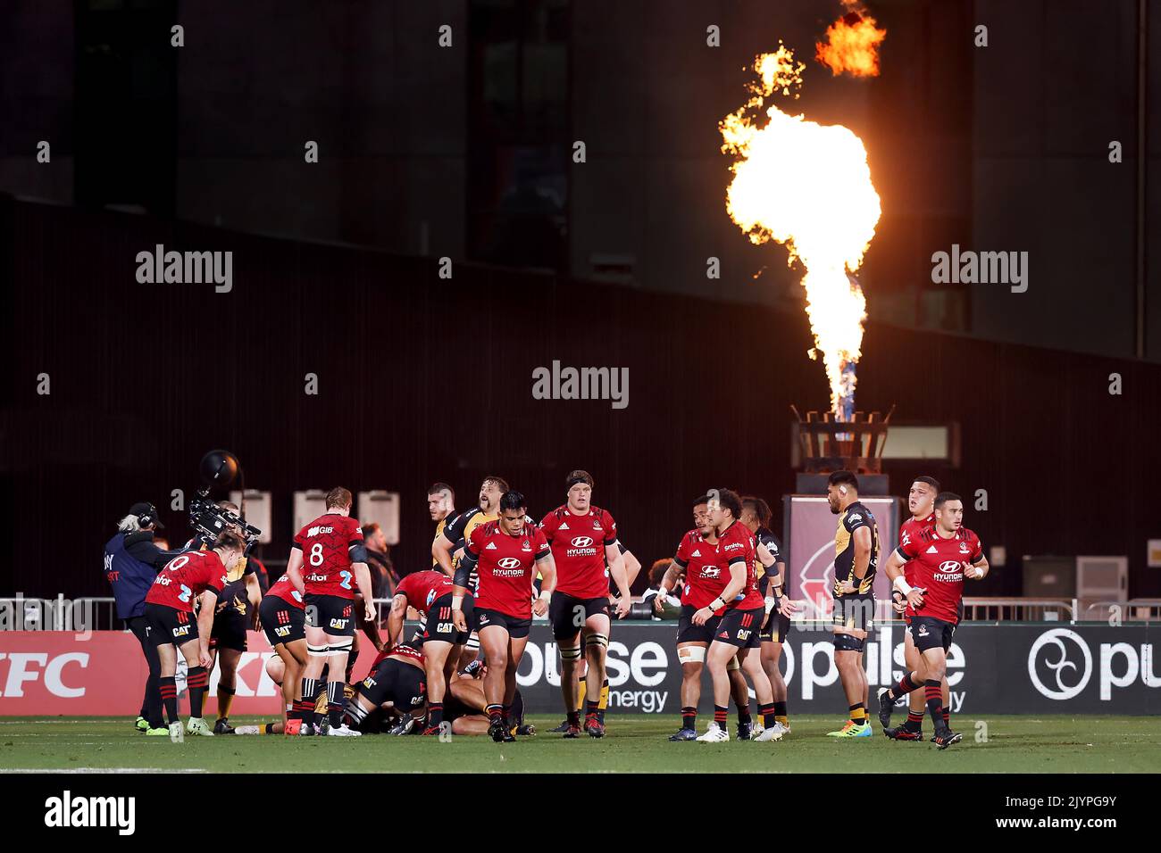 Crusaders celebrate a try during the Round 4 Trans-Tasman Super Rugby ...