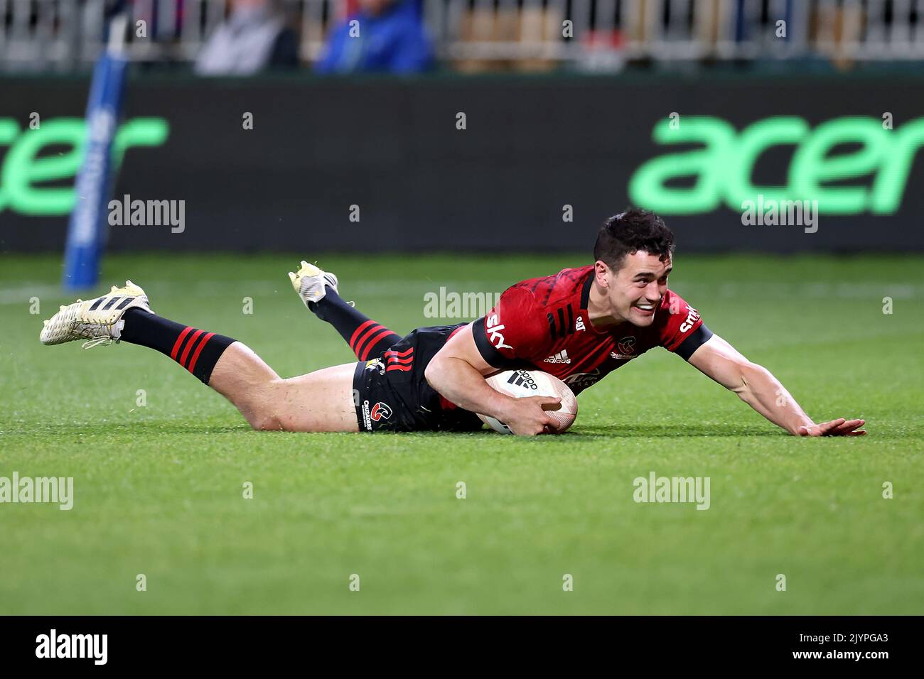 Will Jordan of the Crusaders scores a try during the Round 4 Trans ...