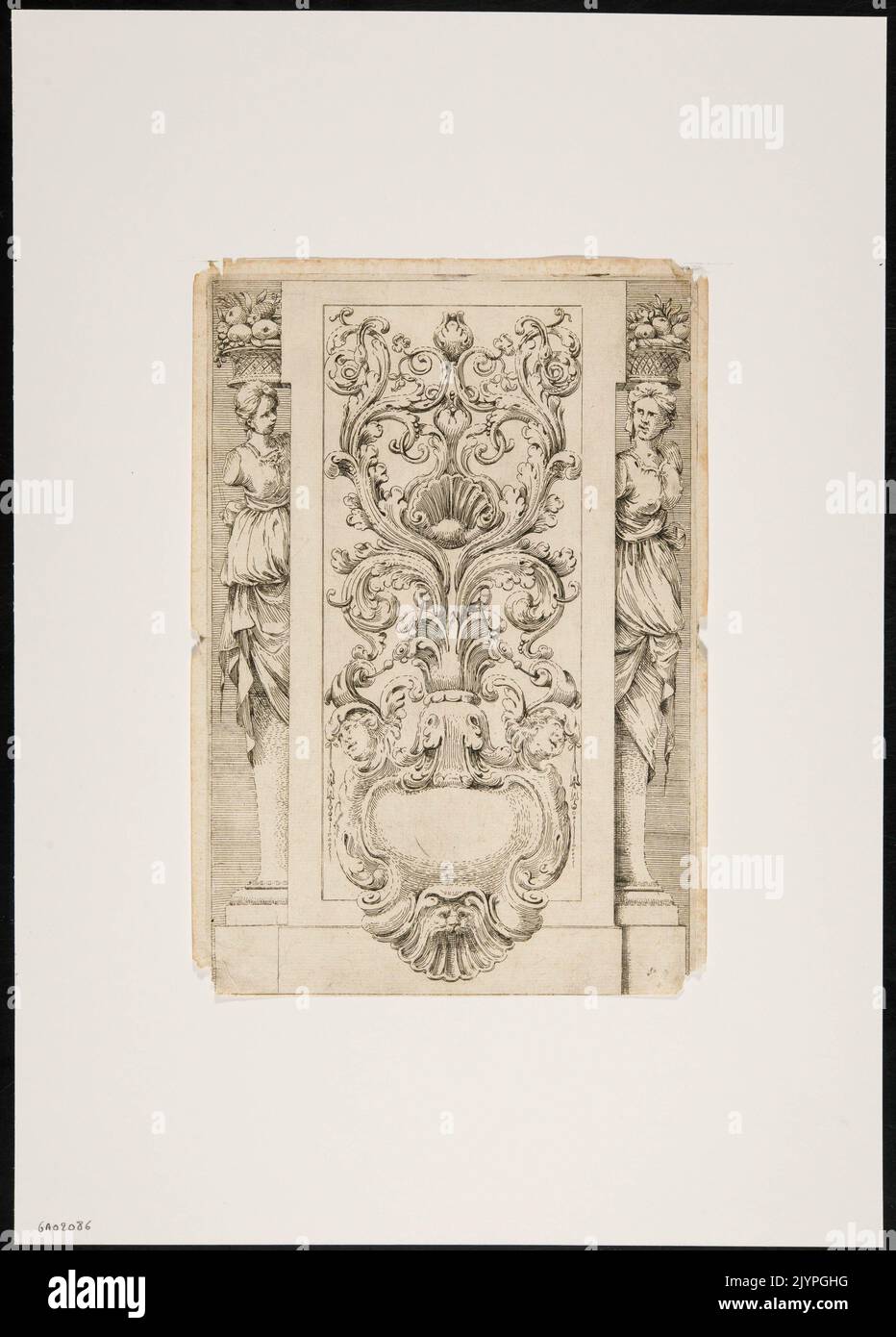 Decorative panel with leaf vines, cartouche, masks and two female ...