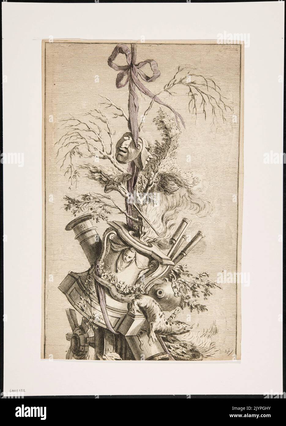 A trophy with guns, an iguana, and masks likely refers to a ceremonial ...