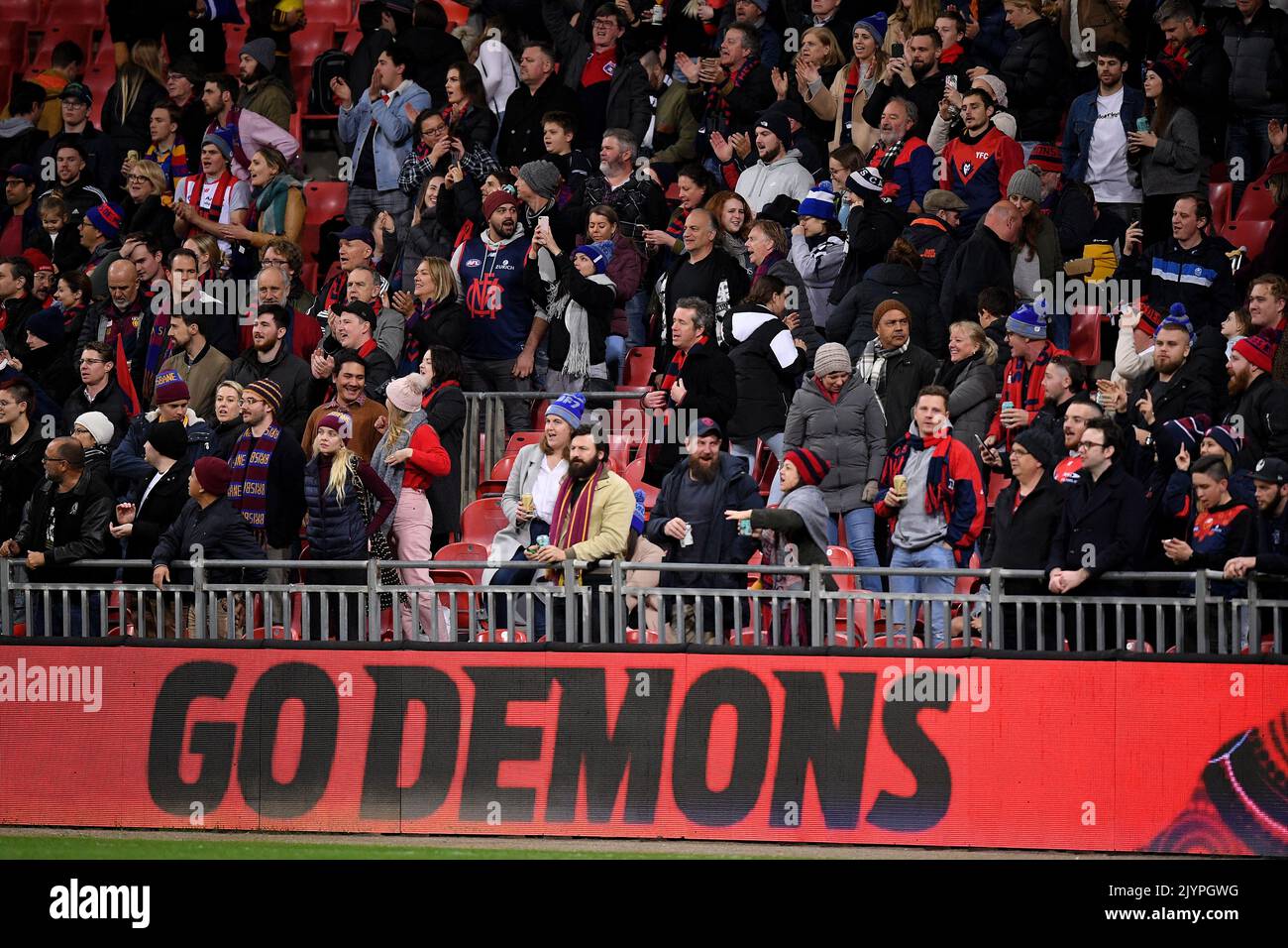 Demons supporters are seen in the crowd during the Round 12 AFL match ...