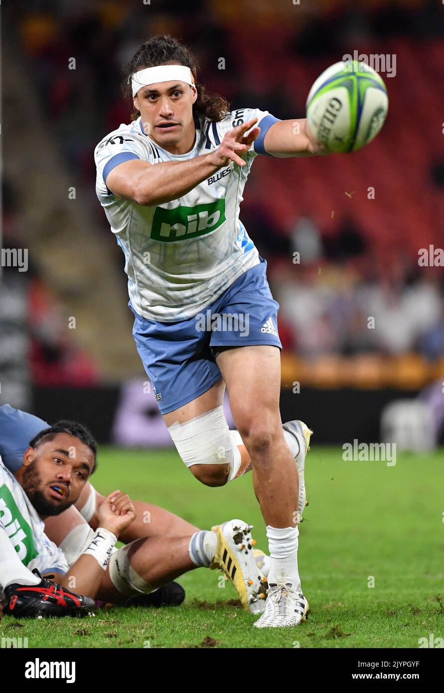 Jonathan Ruru of the Blues in action during the Round 4 Trans-Tasman ...