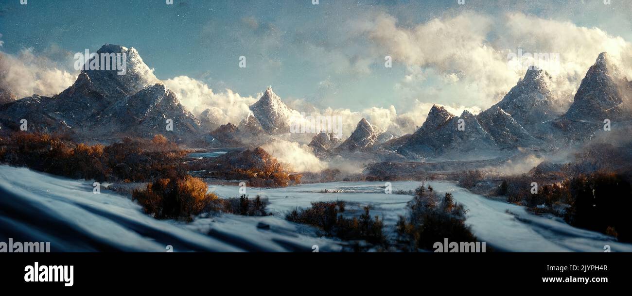 futuristic landscape of mountain valley with snow covered fields and ...