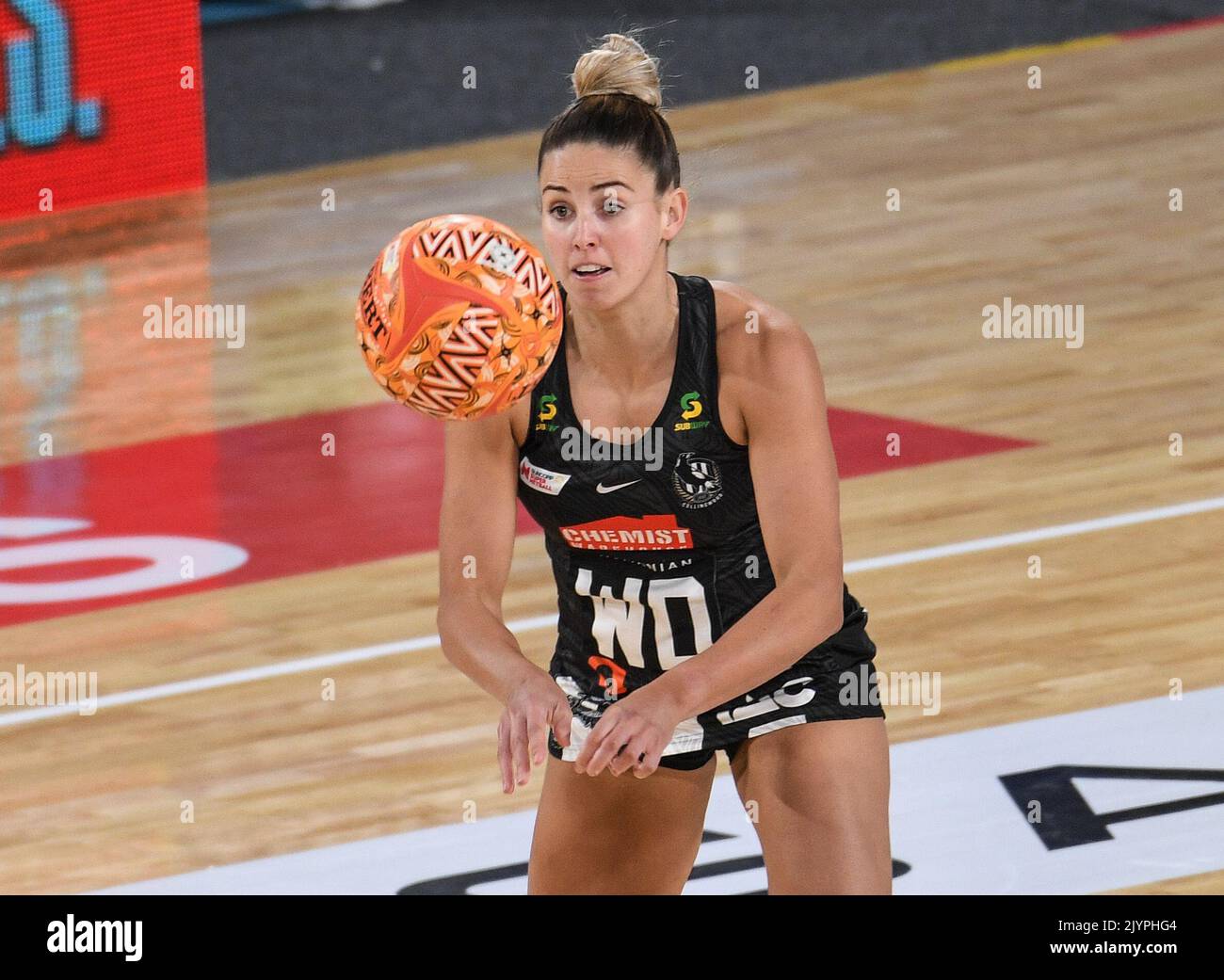 Melissa Bragg of the Magpies in action during the Round 6 Super Netball ...