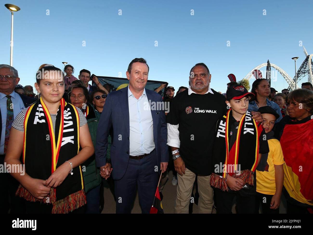 Western Australia Premier, Mark McGowan is seen with Michael Long ...