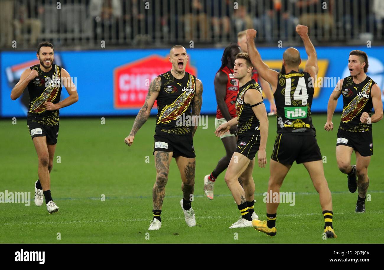 Dustin Martin of the Tigers celebrates kicking a goal during the Round ...