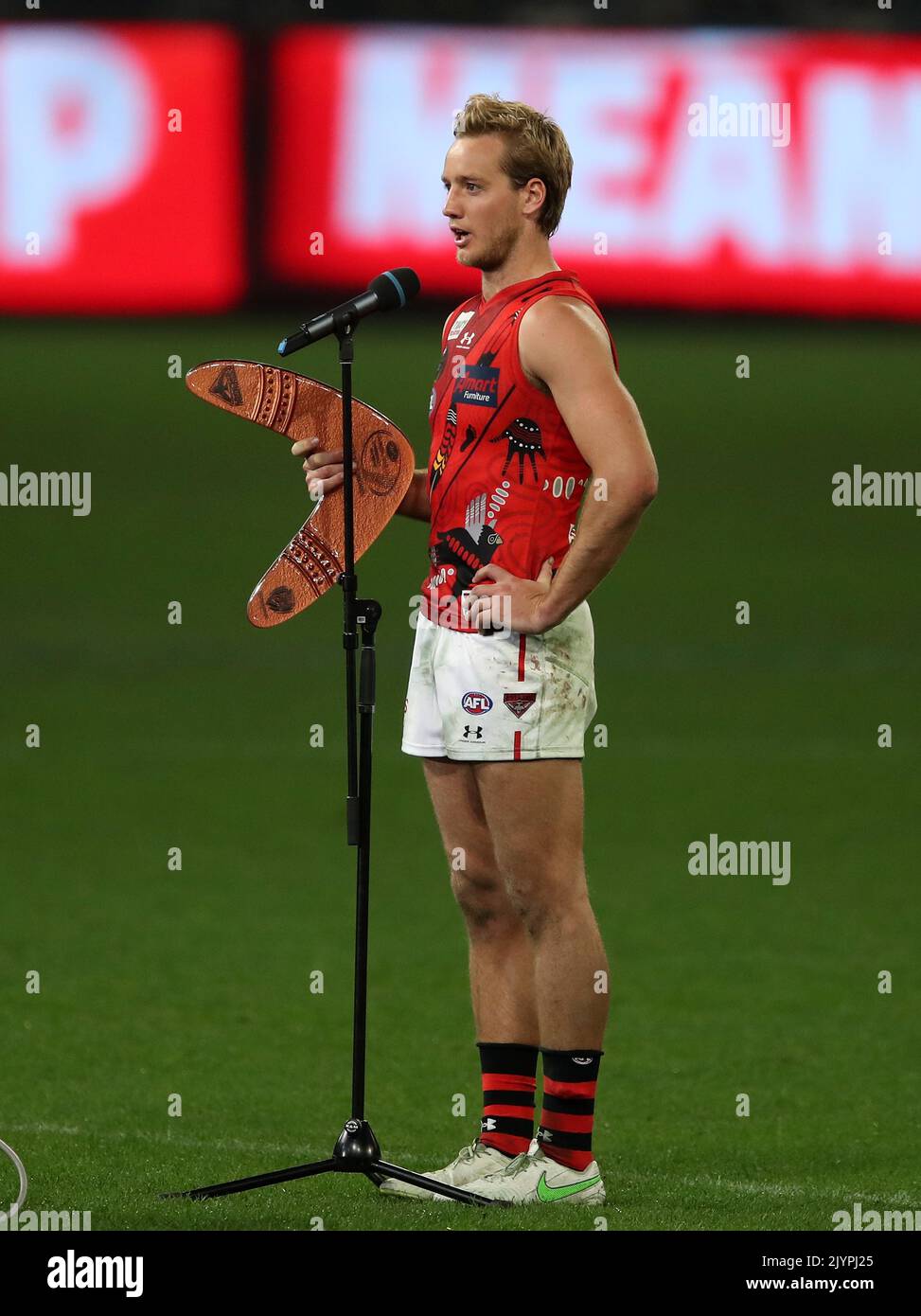 Darcy Parish of the Bombers speaks after being awarded the Yiooken ...