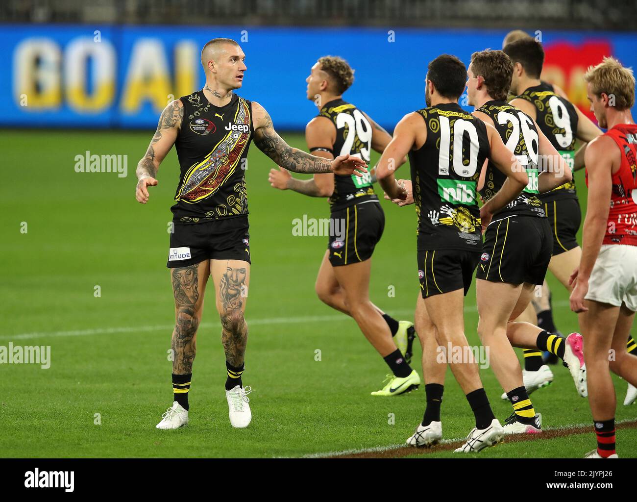 Dustin Martin of the Tigers celebrates kicking a goal during the Round ...
