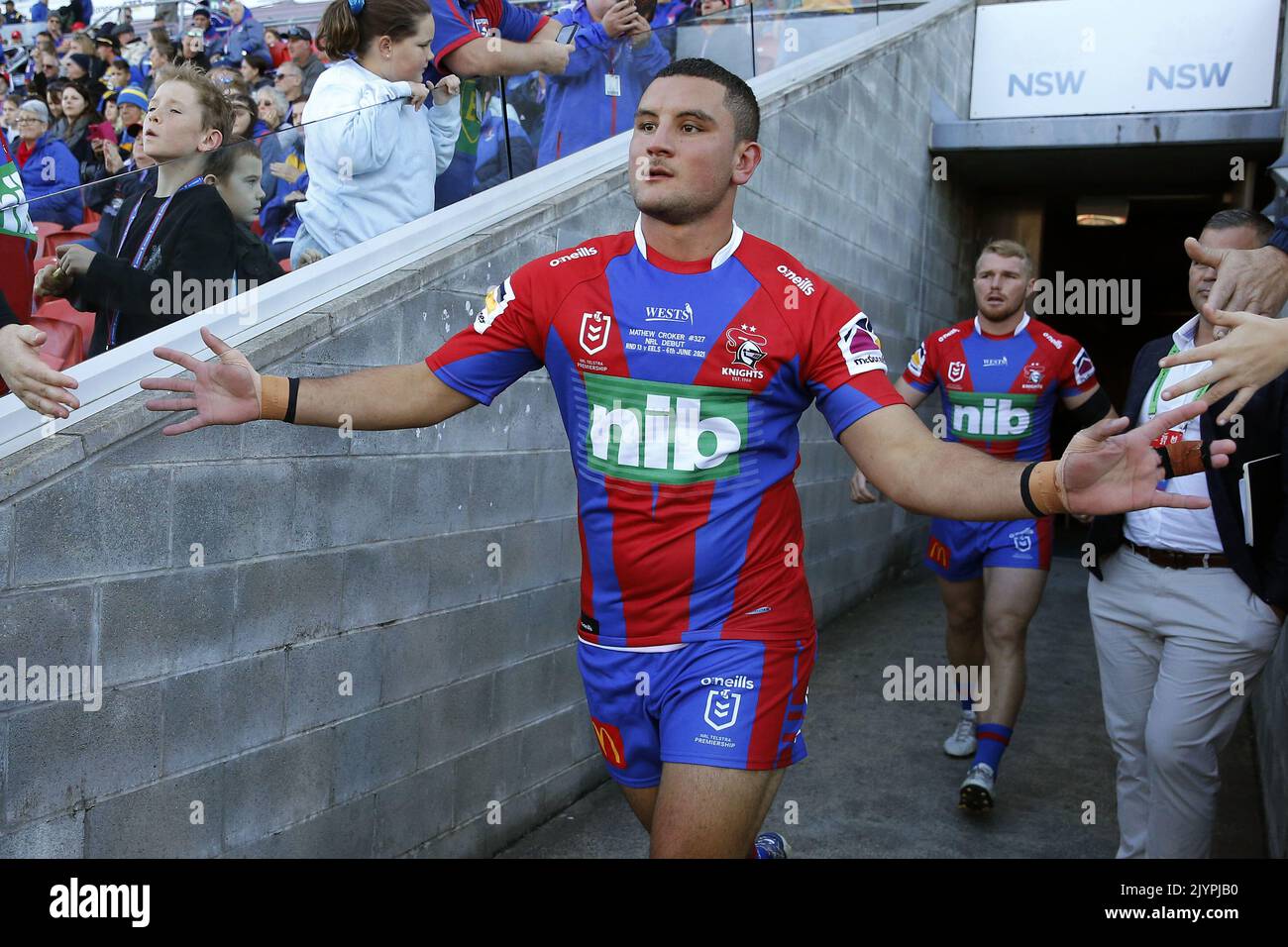 Matt Croker of the Knights heads out to warm up before the Round 13 NRL ...