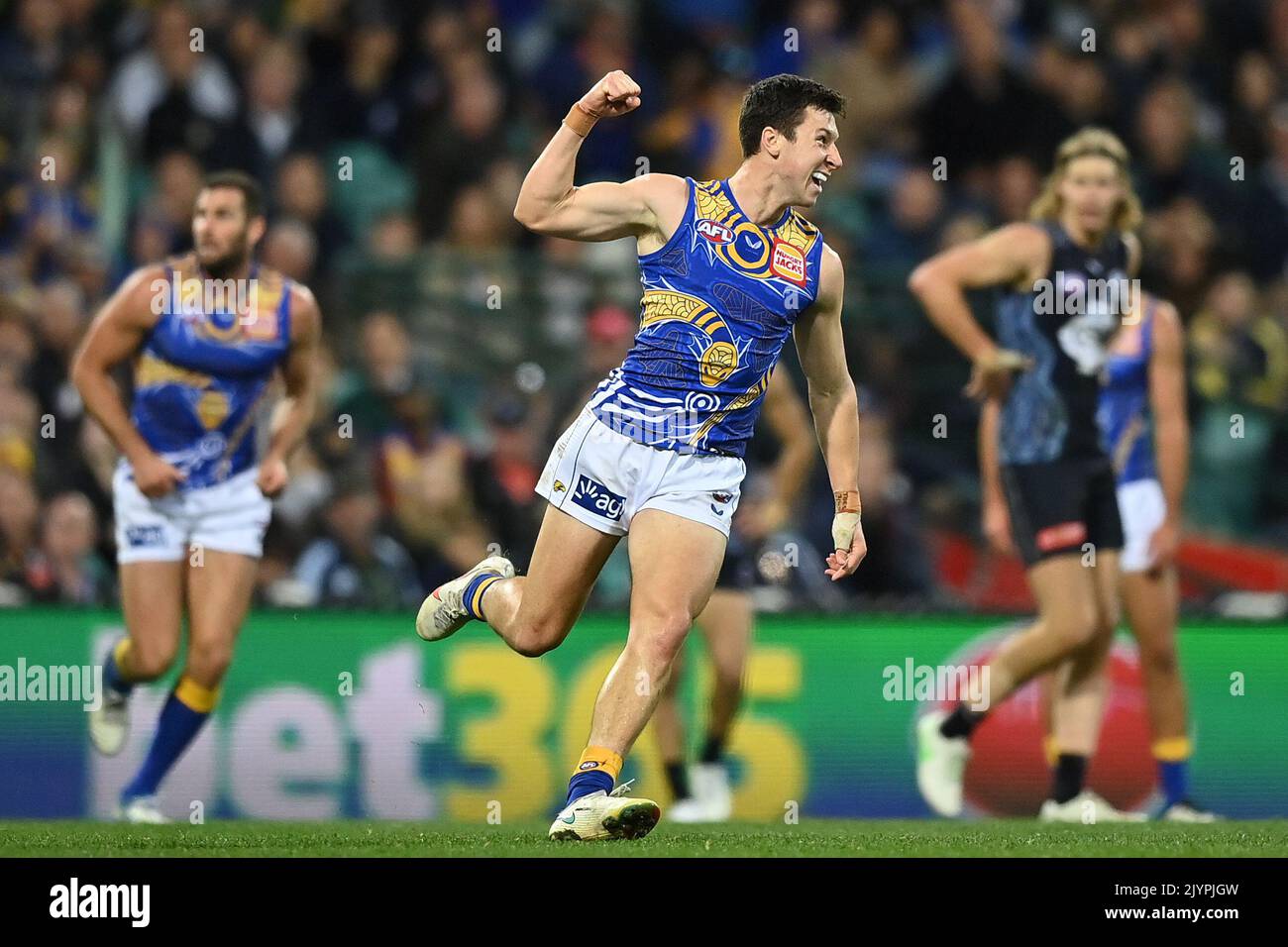 Xavier O'Neill of the Eagles celebrates kicking a goal during the Round ...