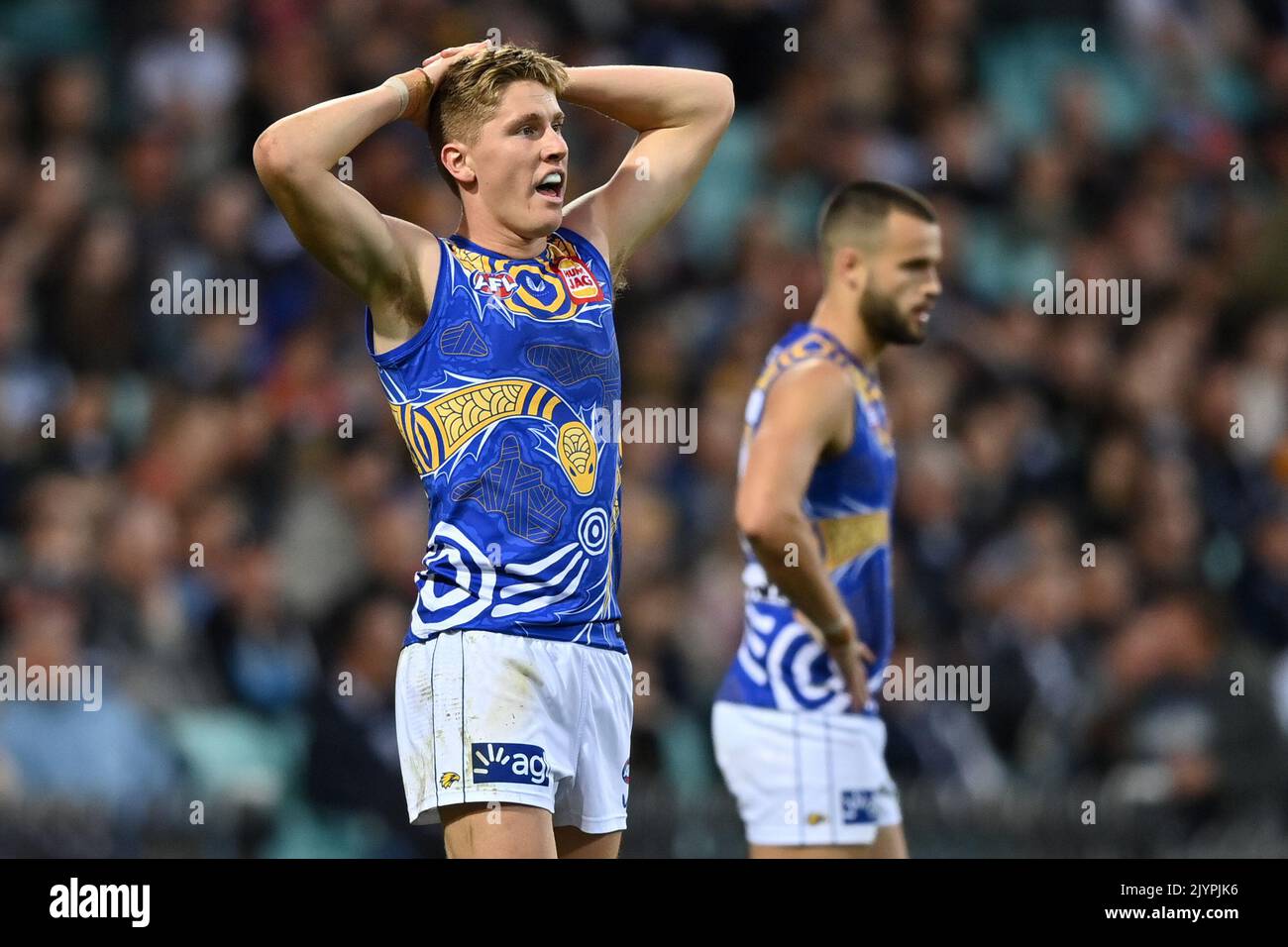 Harry Edwards of the Eagles reacts during the Round 12 AFL match ...