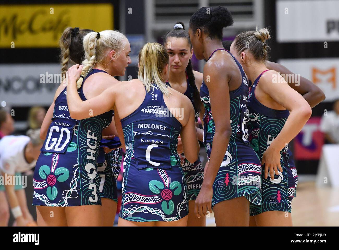 Vixens players are seen in a huddle during the Round 6 Super Netball ...