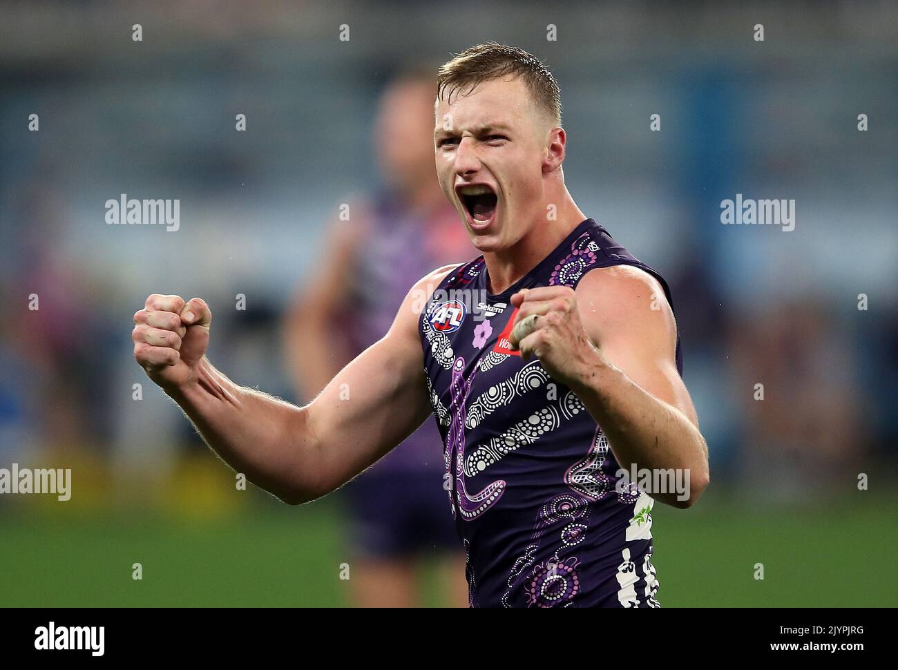 Josh Treacy of the Dockers celebrates kicking a goal during the Round ...