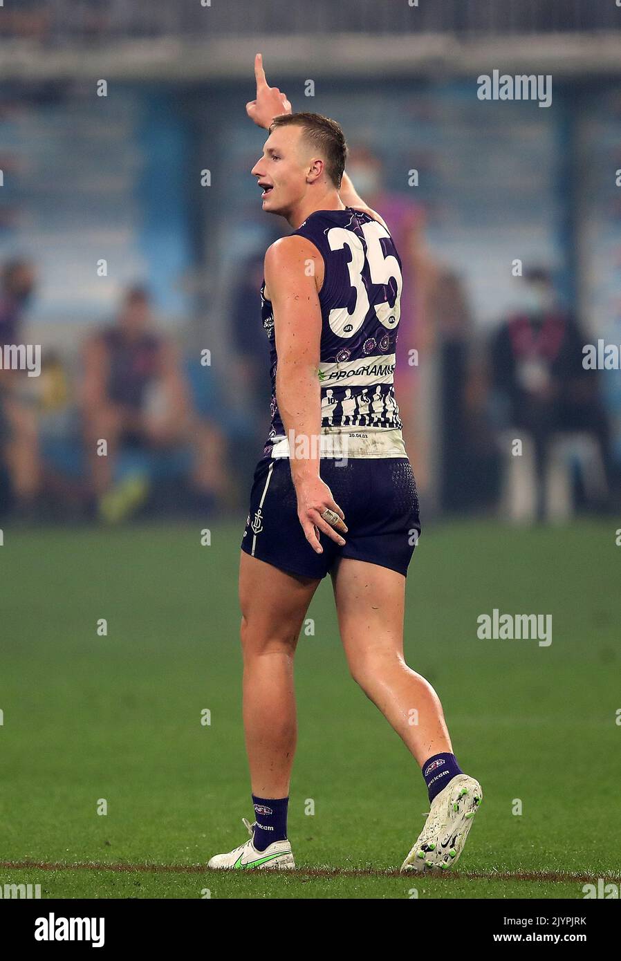 Josh Treacy of the Dockers celebrates kicking a goal during the Round ...