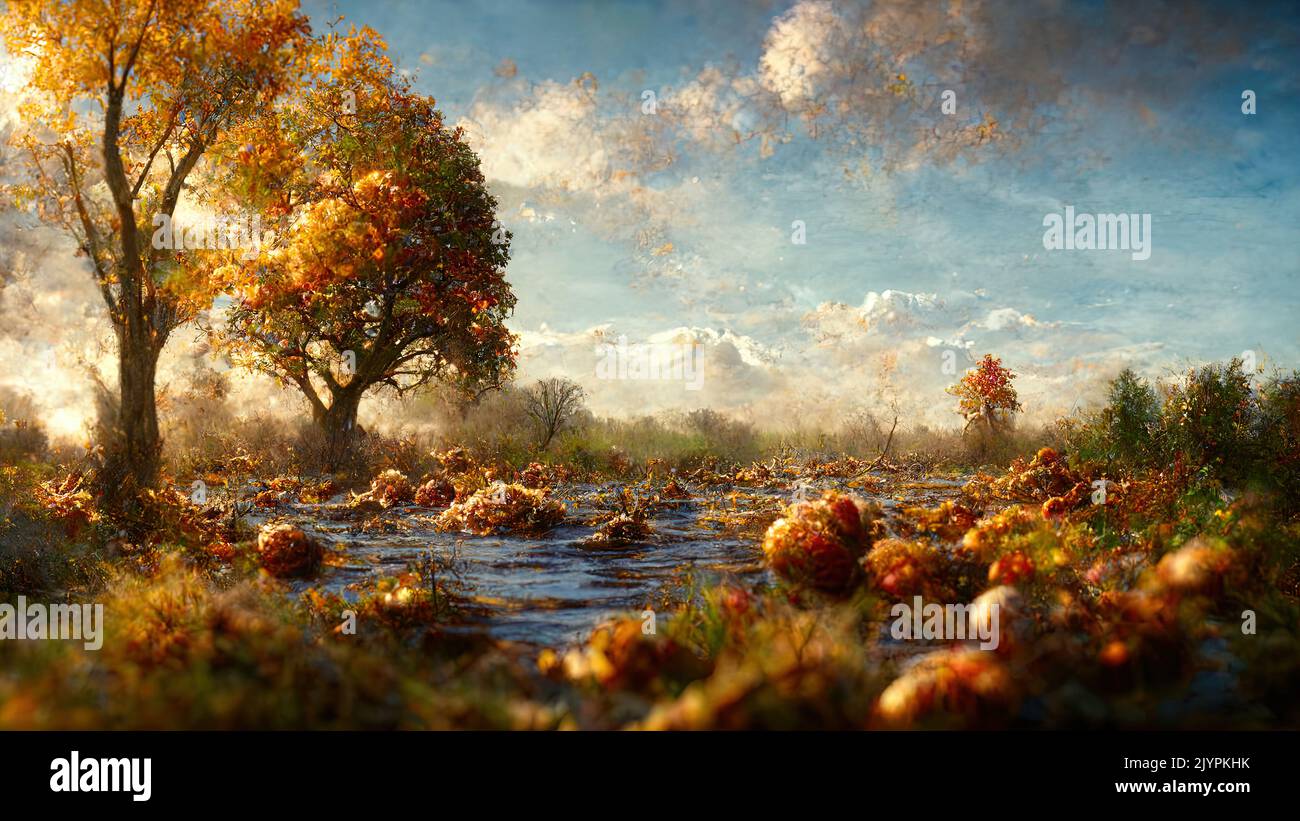 fantastic fairy tale landscape of autumn forest with river and golden ...