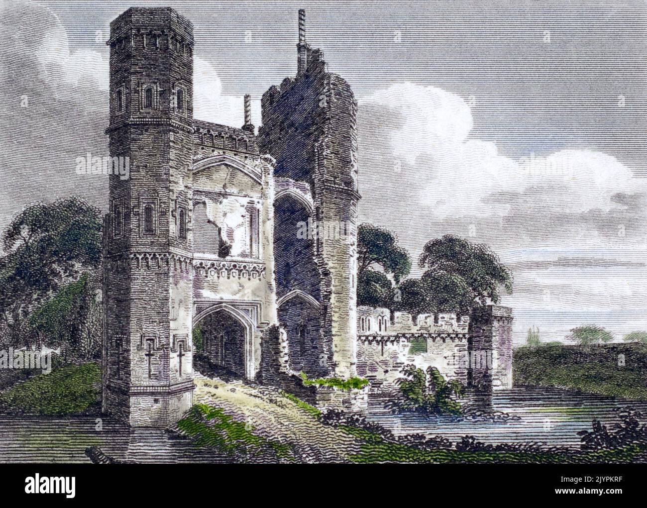 A historical view of the gateway of Nether Hall, Essex, England, UK ...