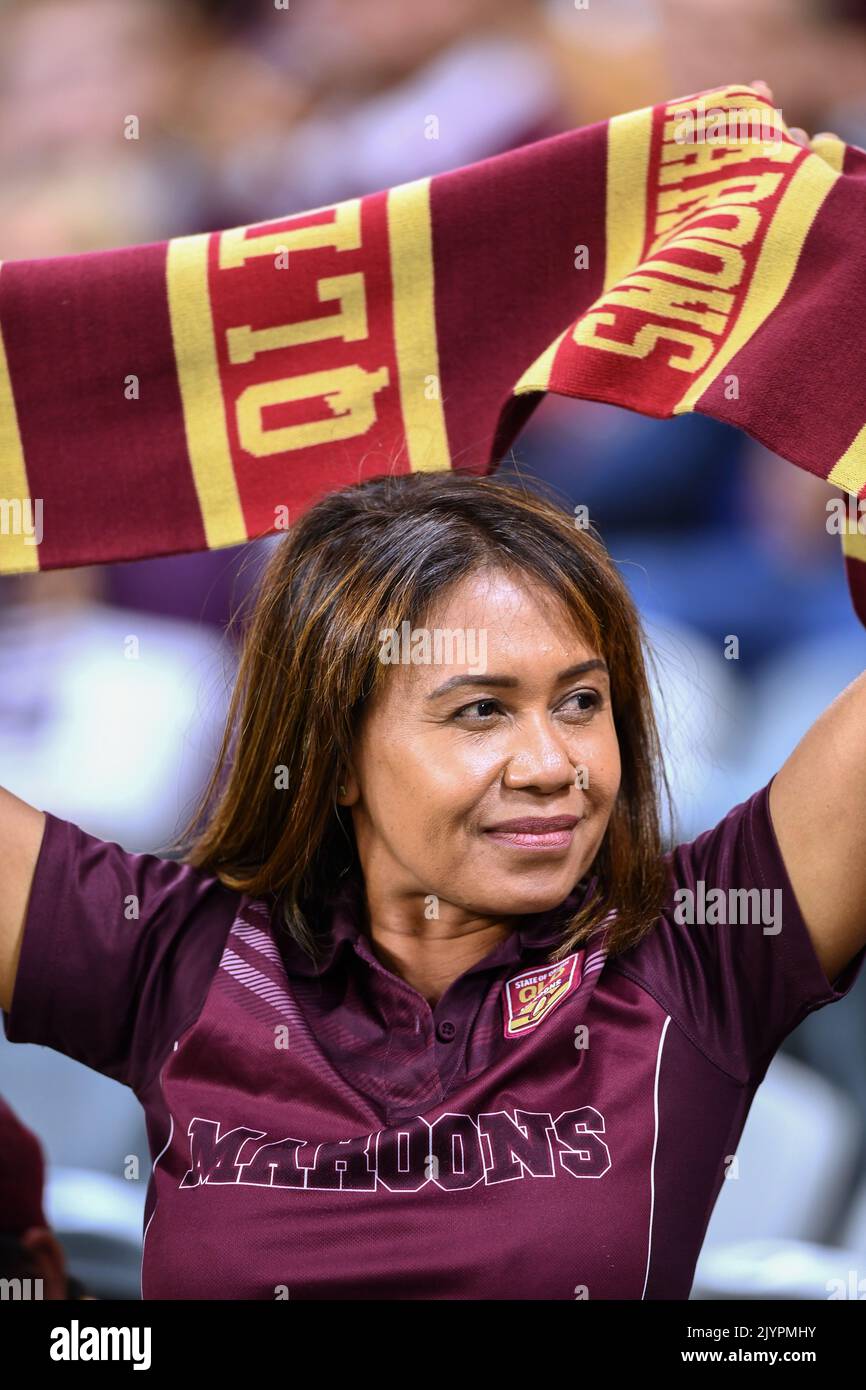 A maroons supporter is seen before Game 1 of the 2021 State of Origin ...