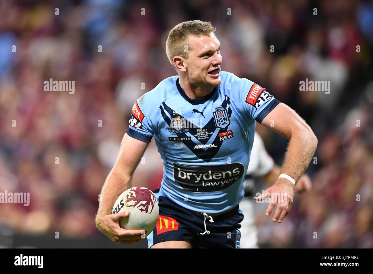 Tom Trbojevic of the Blues celebrates after scoring a try during Game 1 ...