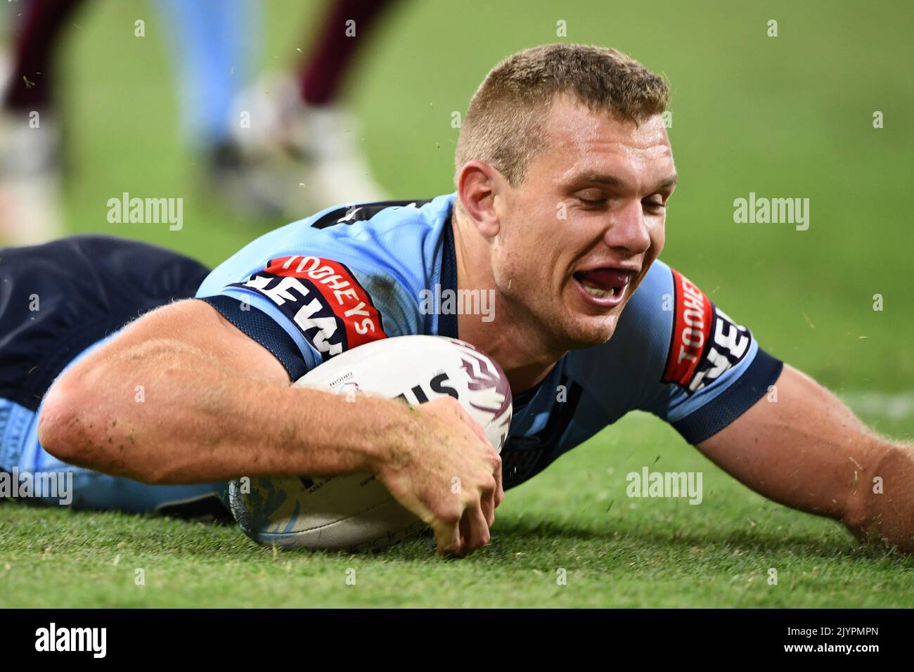 Tom Trbojevic of the Blues scoring a try during Game 1 of the 2021 ...