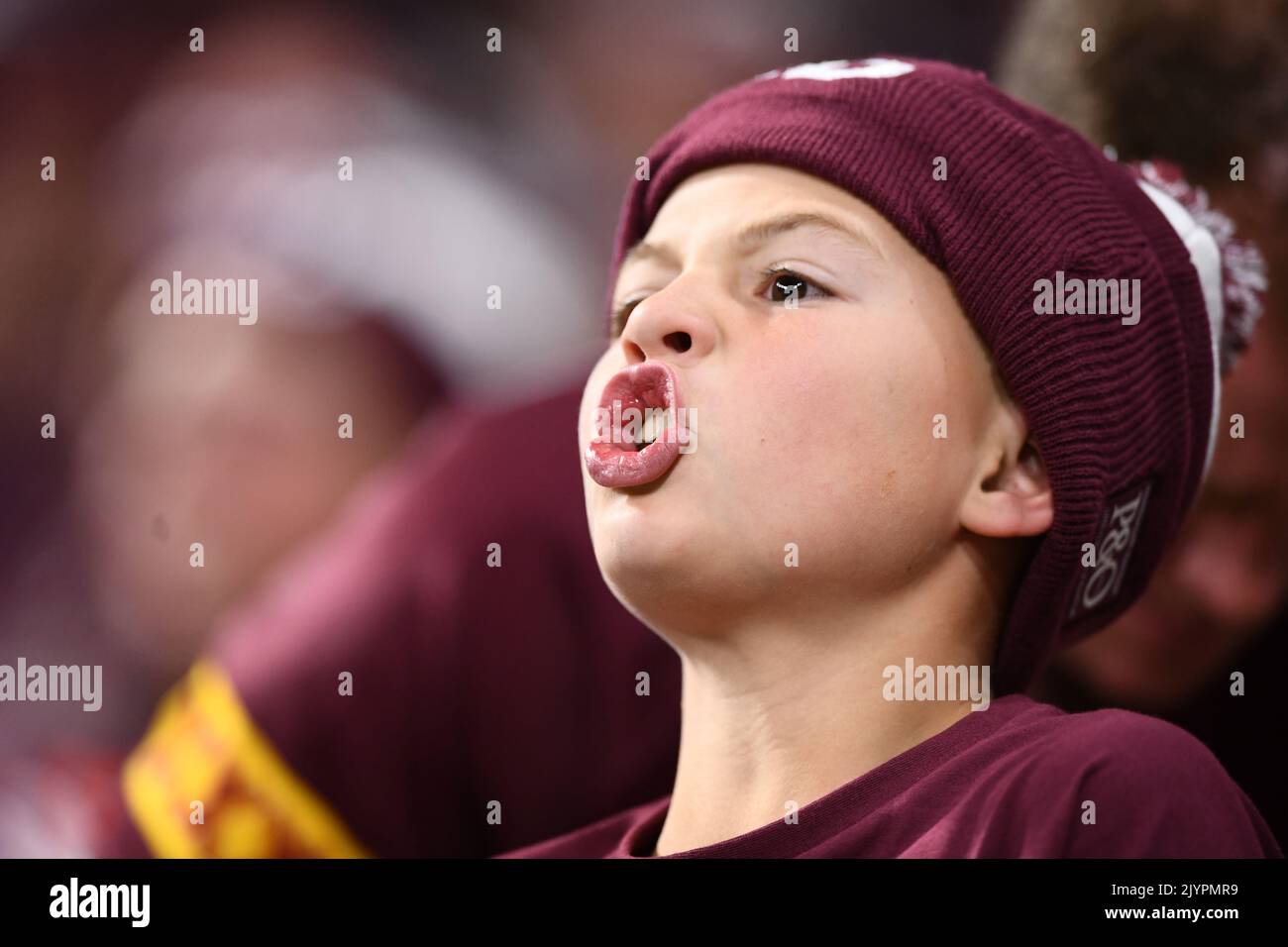 A Maroons supporter reacts during Game 1 of the 2021 State of Origin ...