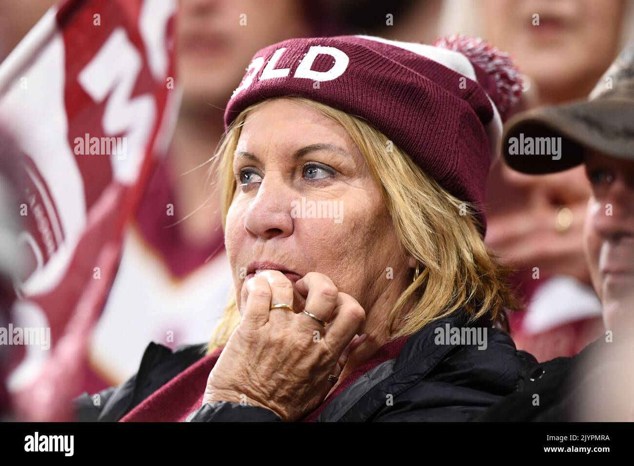 A Maroons supporter reacts during Game 1 of the 2021 State of Origin ...
