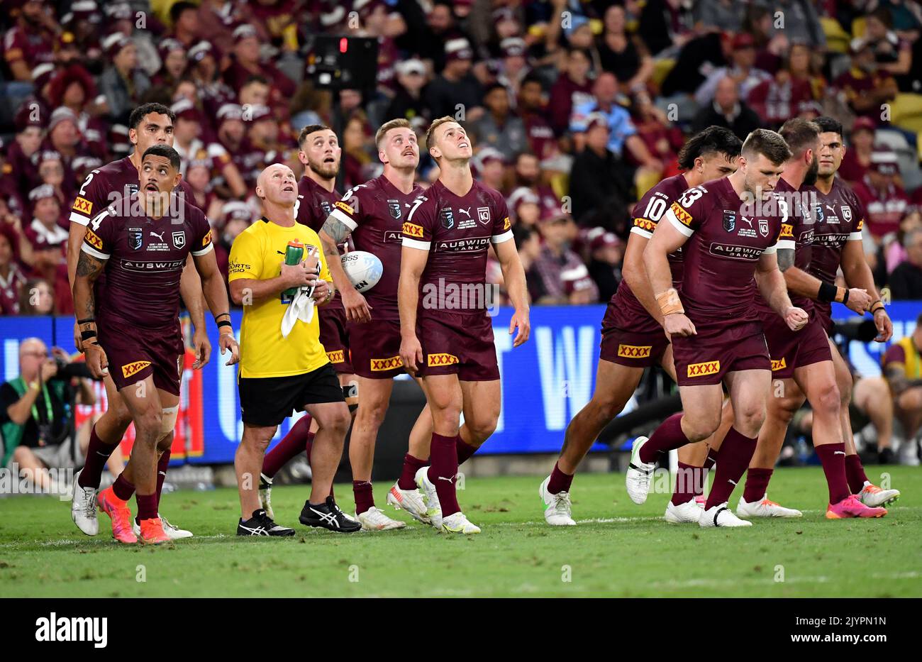 Queensland players are seen after a NSW try during Game 1 of the 2021 ...