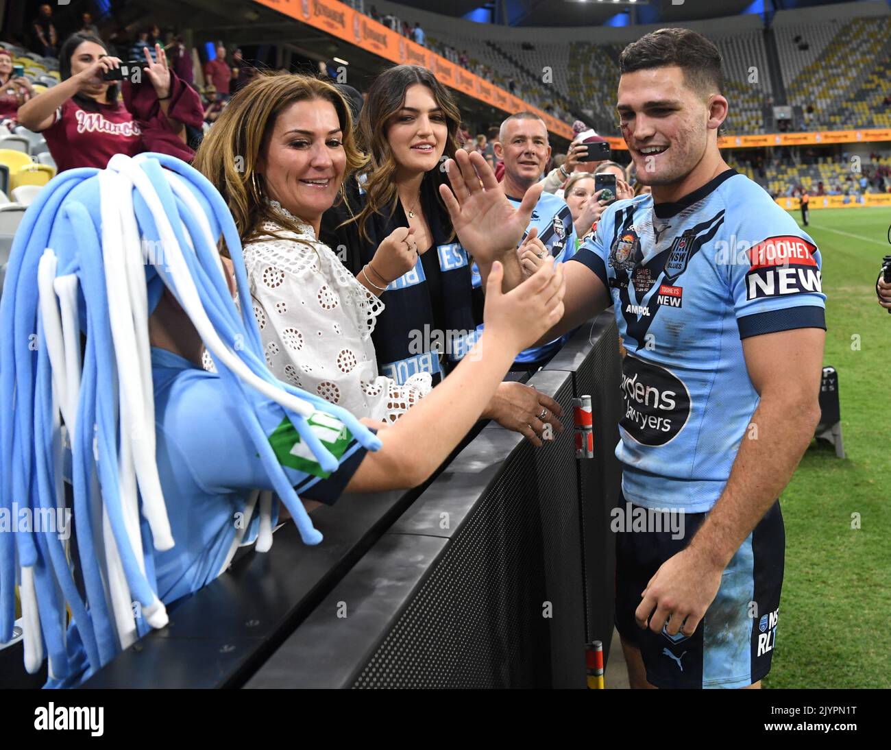 Nathan Cleary (right) of the Blues celebrates winning with his family ...