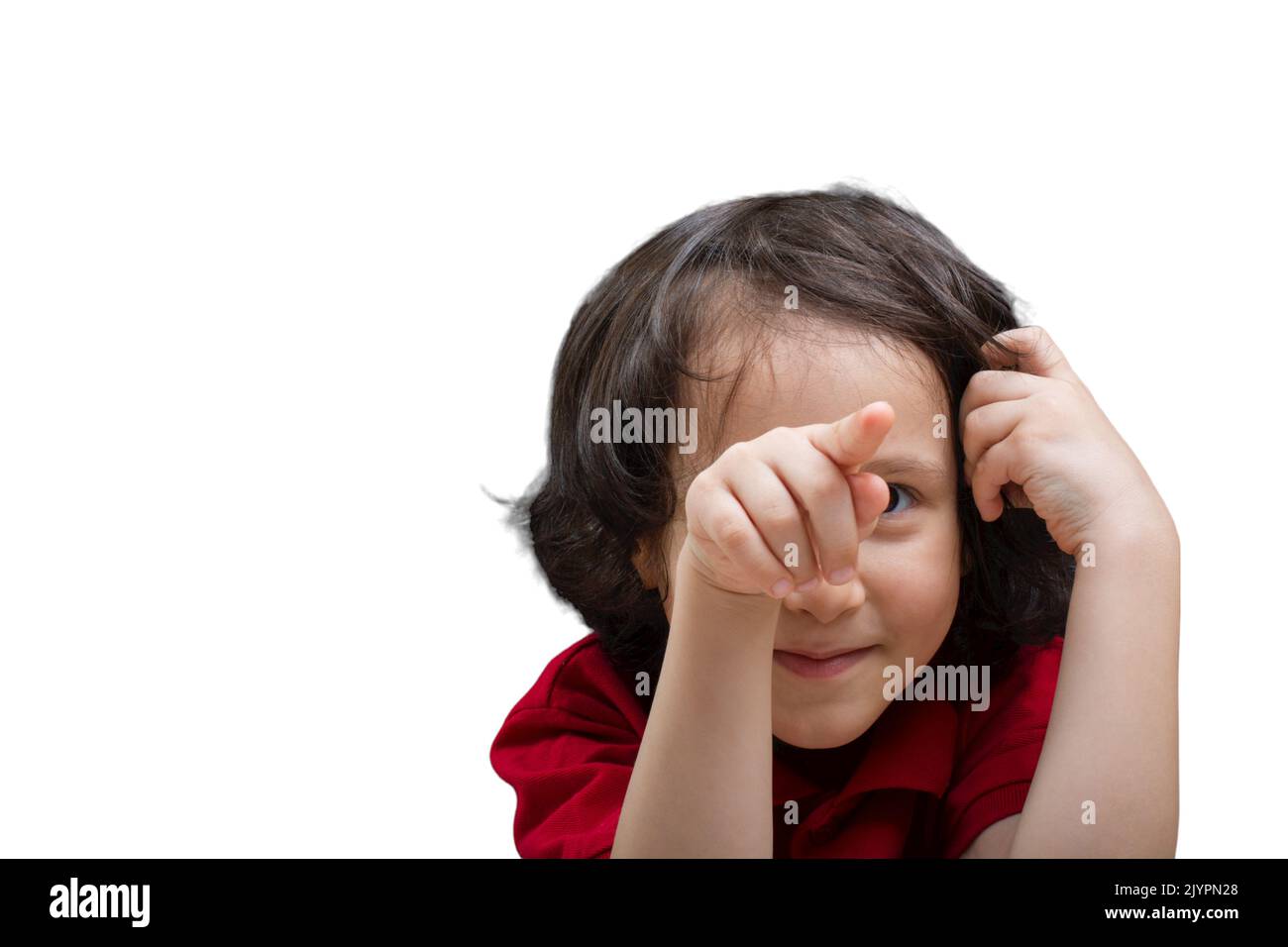 boy holding a hand up isolated on a white background. Cute happy child ...
