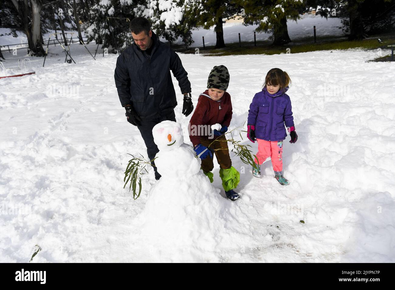 Cobargo resident Nathan Adams builds a snowman with his children Henry ...