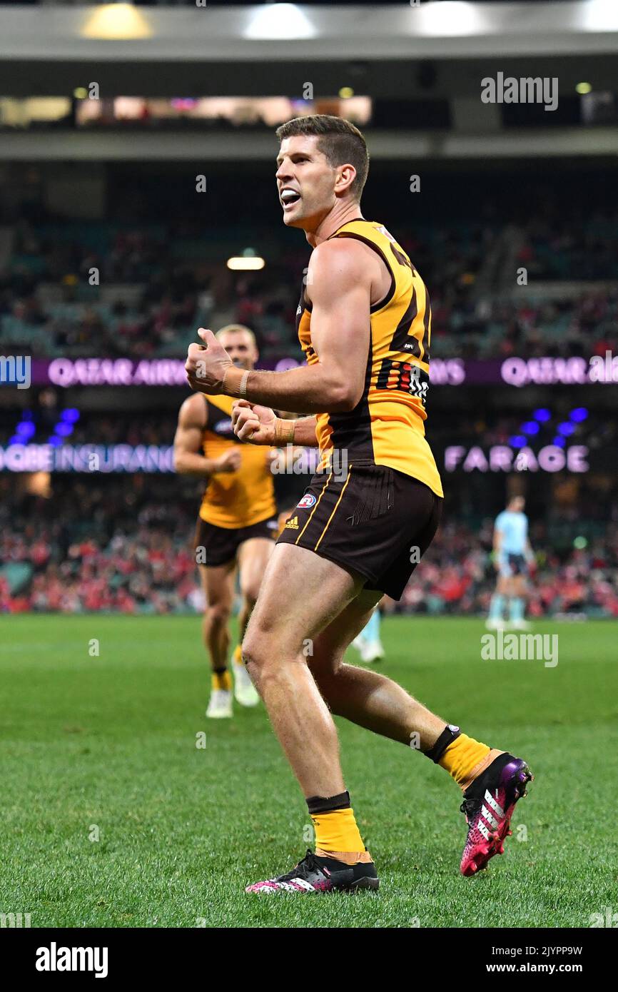 Luke Breust of the Hawks celebrates a goal during the Round 13 AFL ...
