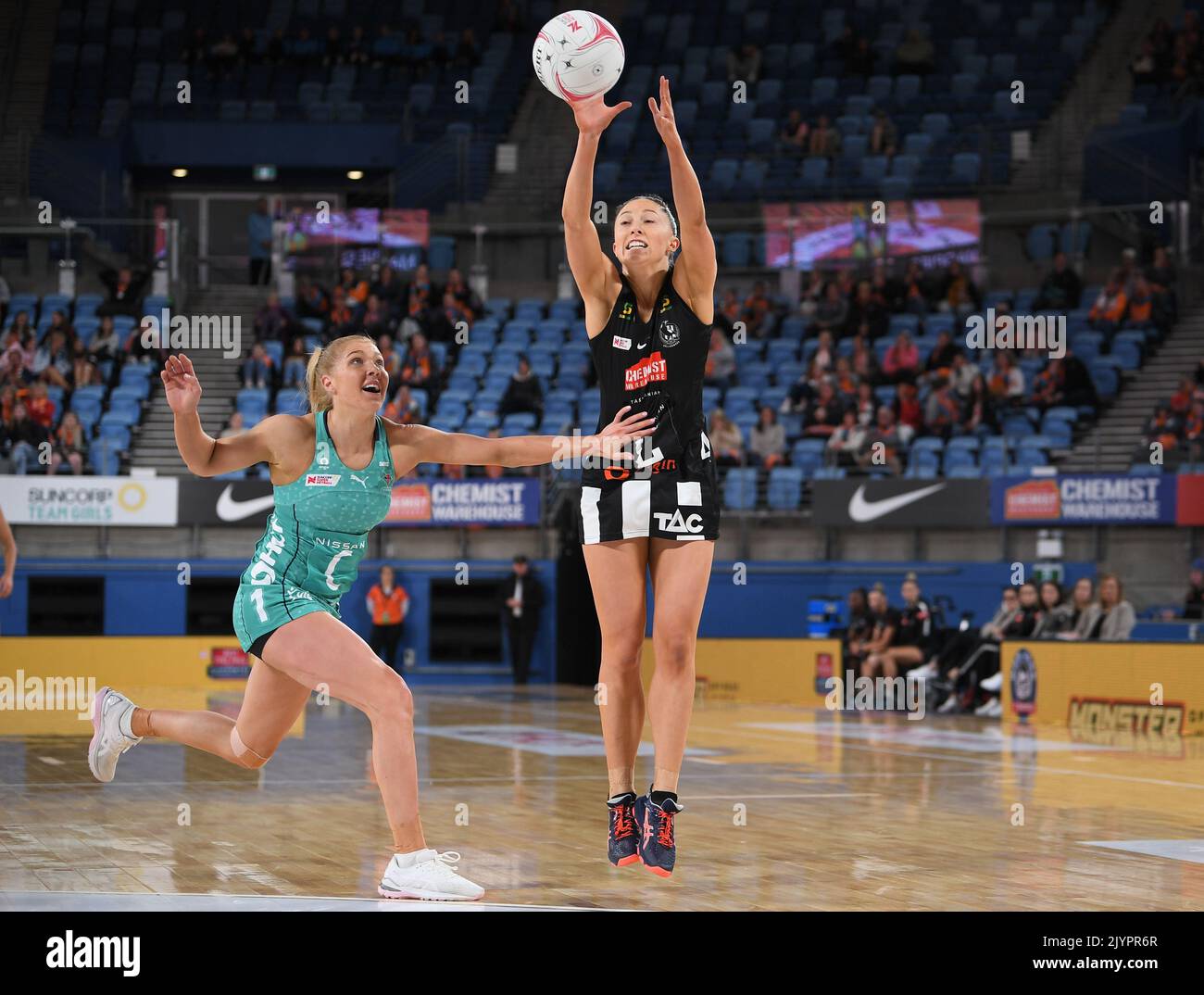 Molly Jovic of the Magpies and Kate Moloney of the Vixens during the ...