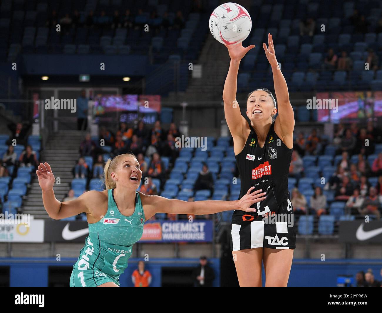 Molly Jovic of the Magpies and Kate Moloney of the Vixens during the ...