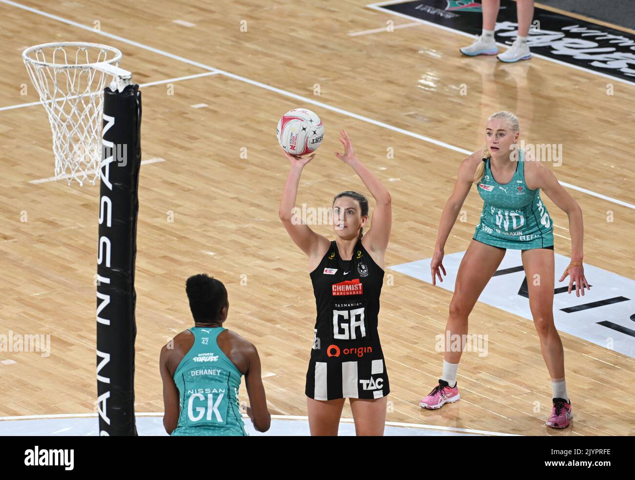 Gabrielle Sinclair of the Magpies during the Round 7 Super Netball ...
